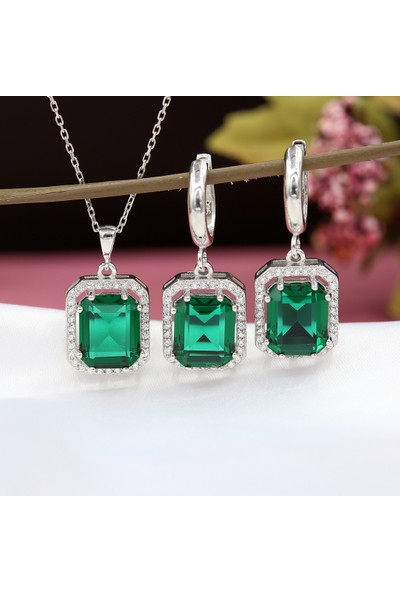 Takı Boom Yeşil Beyaz Zirkon Taşlı Optegon Gümüş Kolye Küpe