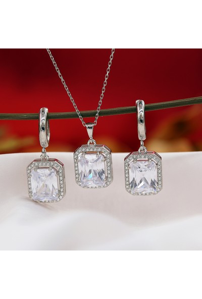 Takı Boom Beyaz Zirkon Taşlı Optegon Gümüş Kolye Küpe