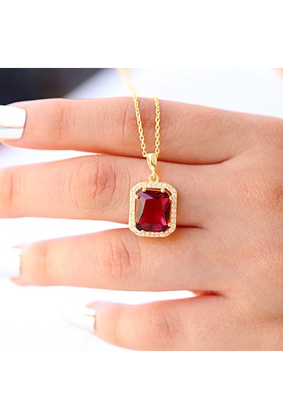 Takı Boom Kırmızı Beyaz Zirkon Taşlı Optegon Gümüş Kolye