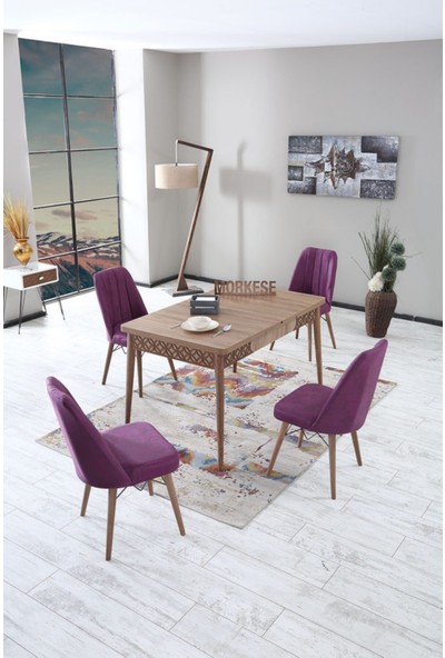 Morkese Averro Serisi Sümela 4 Sandelyeli Açılabilir Yemek ve Mutfak Masa Takımı - Mürdüm Moru