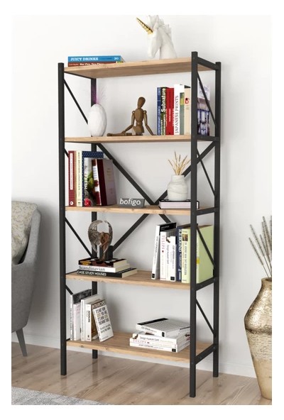 Linrime Dekoratif 5 Raflı Kitaplık Metal Kitaplık Çam