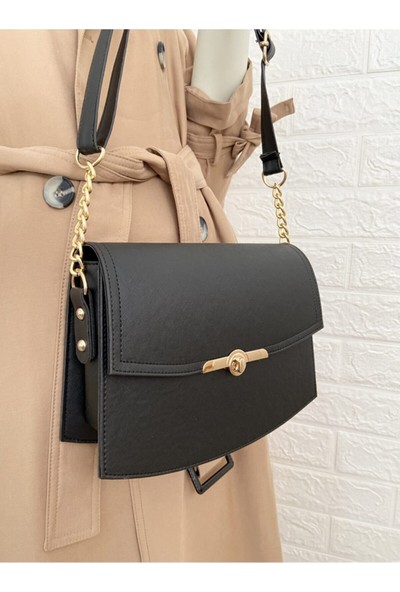 Siyah Kadın Çanta Uzun Askılı Zincir Detaylı Omuz Çantası