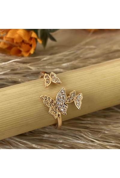 Aksesuarr Çarşısı Zirkon Taşlı Üçlü Kelebekli Yüzük