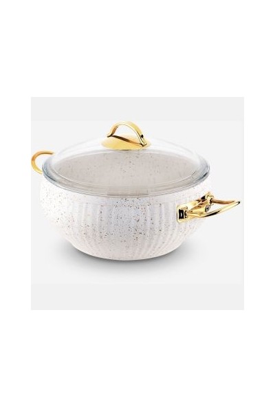 20CM Beyaz Granit Desenli Güveç Derin Tencere Altın Metal Kulp & Cam Kapak 20CM Beyaz Granit Desenli Güveç Derin Tencere Altın Metal Kulp & Cam Kapak