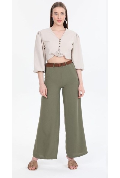 Özüm Butik Kadın Haki Yeşili Cepli Aerobin Keten Pantolon
