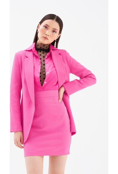 Sateen Düz Mini Etek - Fuşya