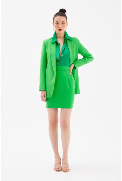 Sateen Düz Mini Etek - Yeşil