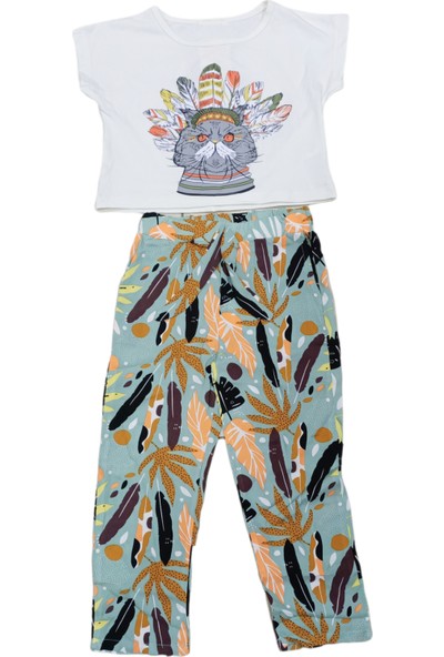 Sellfie Kids Kız Çocuk Kedi Desenli Crop Tişört Pantolon Takım