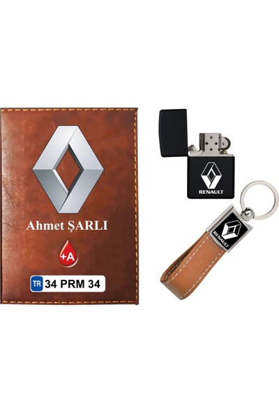 Promosyon Denizi Isiminize Özel Renault Logolu Taba Ruhsat Kabı - Anahtarlık - Çakmak