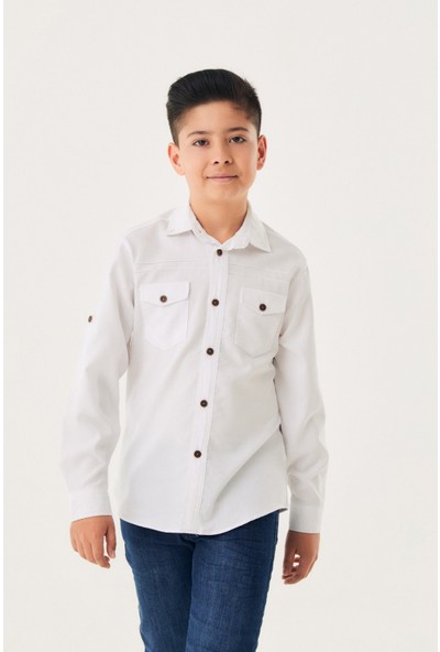 FullaModa Kolu Katlamalı Cep Detaylı Çocuk Gömlek