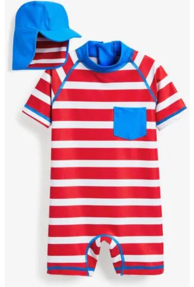 Next Baby Erkek Çocuk 50+Upf Korumalı Kırmızı Mavi Çizgili Tulum Mayo - Şapka Seti Next Baby Erkek Çocuk 50+Upf Korumalı Kırmızı Mavi Çizgili Tulum Mayo - Şapka Seti