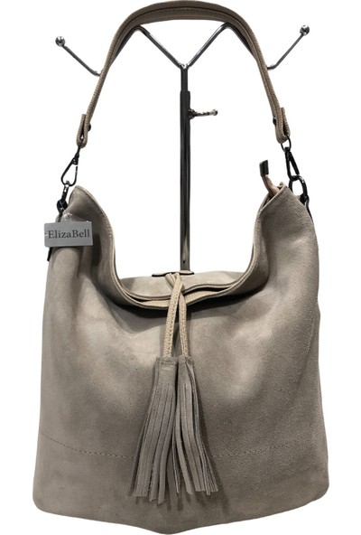 Bej Hakiki Deri Süet Omuz Çantası Ara Gözlü Uzun Çapraz Askılı