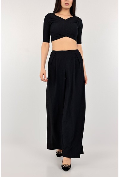 Pileli Pantolon Kruvaze Bluz Krinkıl Takım Siyah