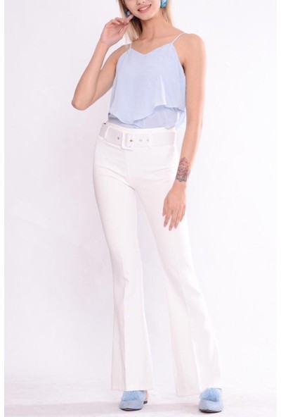 Luwi Shopping Kemerli Ispanyol Paça Pantolon Beyaz