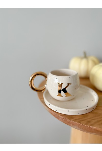 24K Altın Yaldızlı Double Türk Kahvesi Fincanı K Harfi