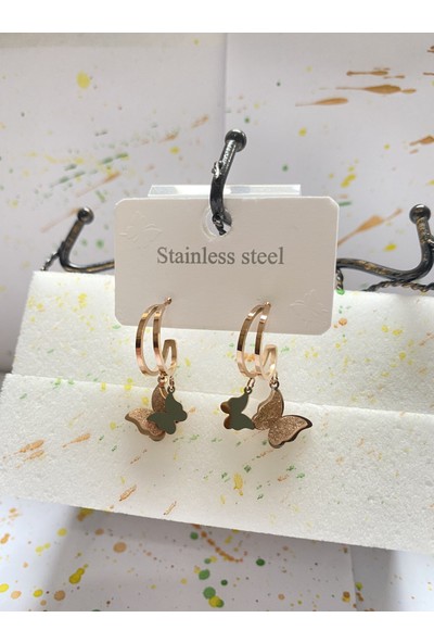 Jh Jewelery Altın Renk Kelebek ve Kalp Seti Çelik Küpe