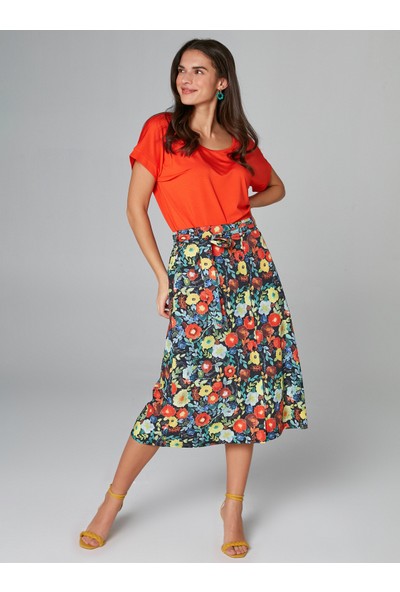 Faik Sönmez Çiçek Desen Önü Düğmeli Poplin Etek 64259
