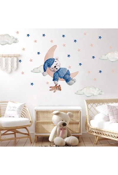 Piksel Grafik Sevimli Ayıcık Bulut Uykusu Çocuk Odası Duvar Sticker