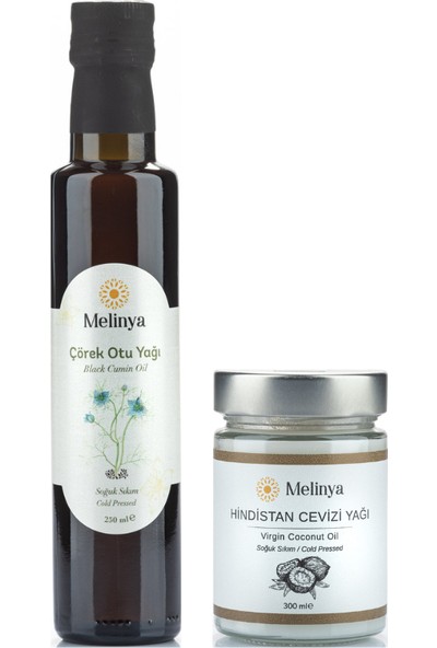 Melinya Doğal Soğuk Sıkım ( Soğuk Pres ) Çörekotu Yağı 250 ml ve Doğal Soğuk Sıkım ( Soğuk Pres ) Hindistan Cevizi Yağı 300 ml Melinya Doğal Soğuk Sıkım ( Soğuk Pres ) Çörekotu Yağı 250 ml ve Doğal Soğuk Sıkım ( Soğuk Pres ) Hindistan Cevizi Yağı 300 ml