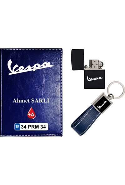 Promosyon Denizi Isiminize Özel Vespa Logolu Lacivert Ruhsat Kabı - Anahtarlık - Çakmak Promosyon Denizi Isiminize Özel Vespa Logolu Lacivert Ruhsat Kabı - Anahtarlık - Çakmak