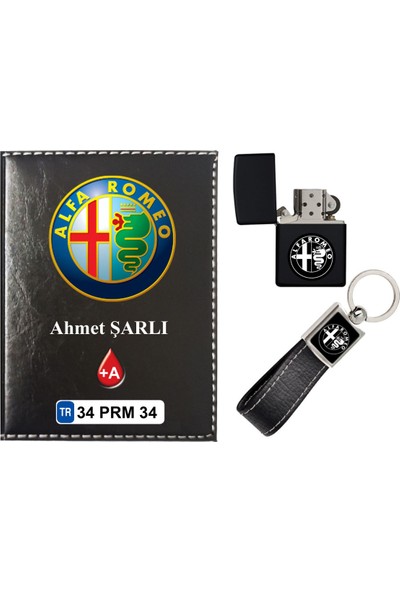 Promosyon Denizi Isiminize Özel Alfaromeo Logolu Siyah Ruhsat Kabı - Anahtarlık - Çakmak