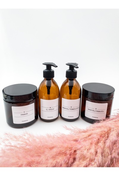 Zeze Desing PamukPlastik ve Makyaj PamuğuPlastikmakyaj TemizleyiciCam ve El Kremi CamŞişesi 4'lü Seti