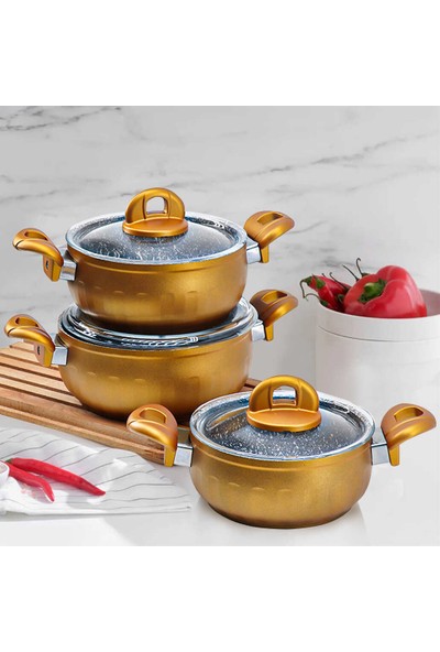 Evita 6 Parça Bio Granit Küre Güveç Tencere Seti Gold Evita 6 Parça Bio Granit Küre Güveç Tencere Seti Gold