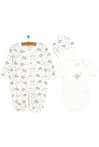 Hello Baby Yenidoğan Sevimli Fil Tulum-Body-Şapka Set 3lü Set