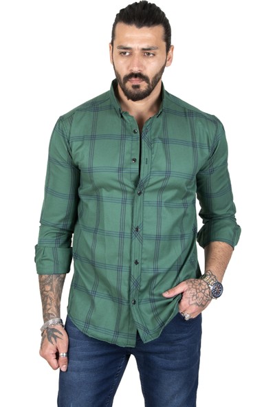 DeepSEA Yeşil Çizgili Ekose Desenli Düğmeli Likralı Uzun Kollu Erkek Gömlek 2101312