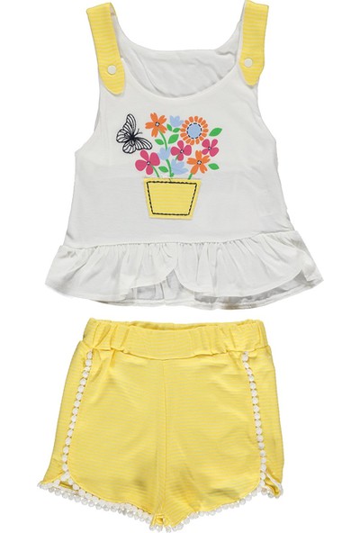 Overdo Askılı Pamuklu Penye Kumaş Fırfır Detaylı Şortlu 2'li Kız Bebek Takım