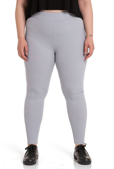 Büyük Beden Fitilli Beli Lastikli Bilek Hizasında Gri Bayan Tayt