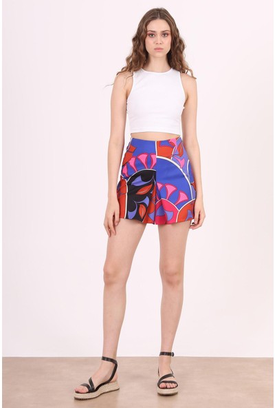 Pileli Desenli Kadın Şort 22Y0521