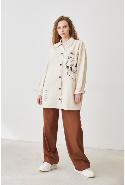 Miostil Baskılı Oversize Ceket-Taş Miostil Baskılı Oversize Ceket-Taş