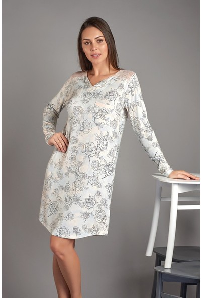 Sevim Kadın Gecelik Uzun Kol A.gri