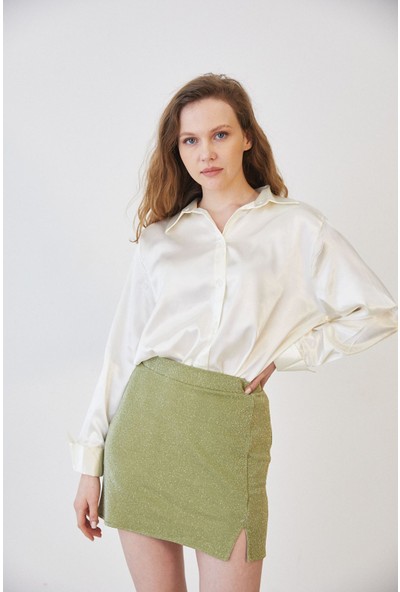 Miostil Oversize Saten Gömlek-Ekru Miostil Oversize Saten Gömlek-Ekru