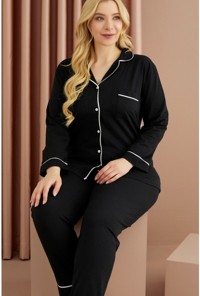 Siyah İnci Pamuklu Likralı Büyük Beden Battal Düğmeli Cepli Biyeli Uzun Kollu Pijama Takımı 7555 Siyah İnci Pamuklu Likralı Büyük Beden Battal Düğmeli Cepli Biyeli Uzun Kollu Pijama Takımı 7555