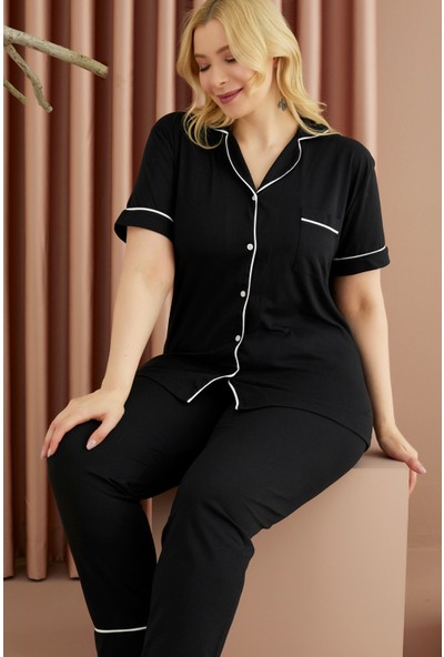 Siyah İnci Pamuklu Likralı Büyük Beden Battal Düğmeli Cepli Biyeli Kısa Kollu Pijama Takımı 7557 Siyah İnci Pamuklu Likralı Büyük Beden Battal Düğmeli Cepli Biyeli Kısa Kollu Pijama Takımı 7557