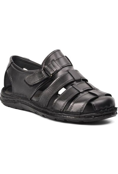 Chopper Siyah Hakiki Deri Önü Kapalı Erkek Sandalet