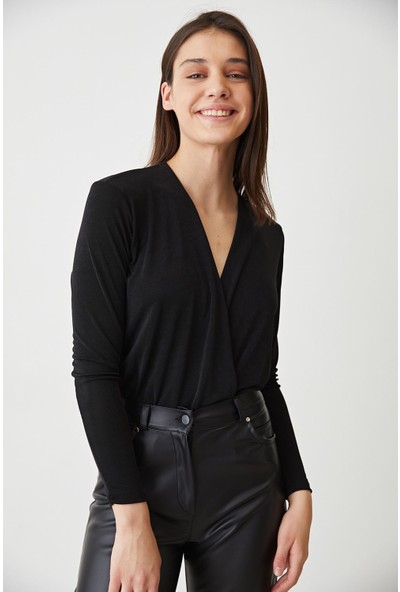 Miostil Kruvaze Yaka Bodysuit-Siyah Miostil Kruvaze Yaka Bodysuit-Siyah