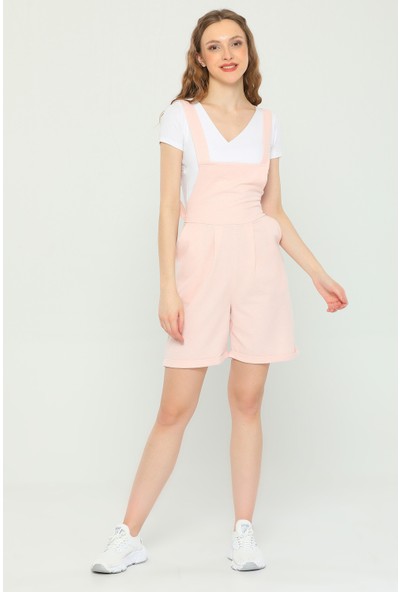 Julude Pudra Kadın Sırt Çapraz Askılı Cepli Şort Tulum