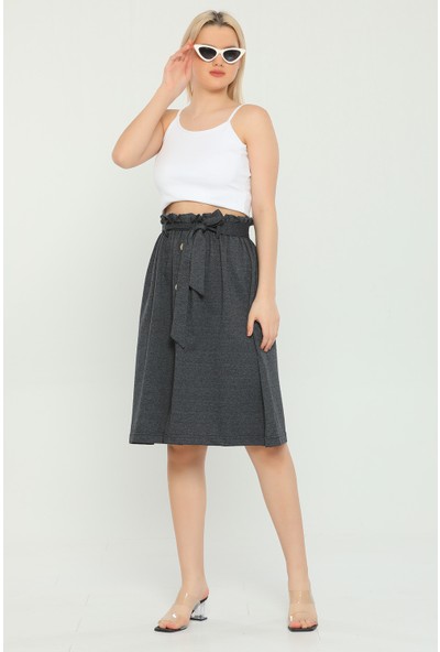 Julude Füme Kadın Bel Detaylı Ön Yırtmaçlı Kloş Etek