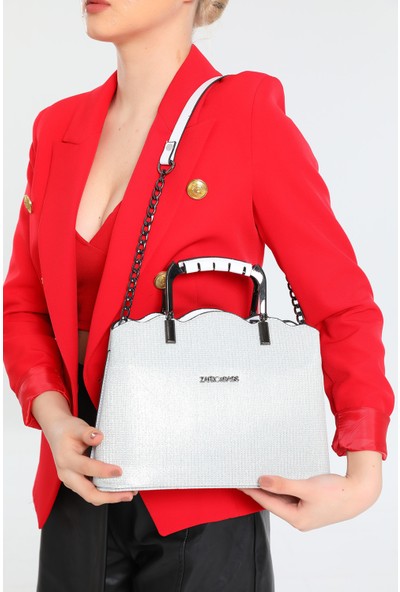 Julude Platin Kadın Şık Işıltılı Simli El Omuz Abiye Çanta