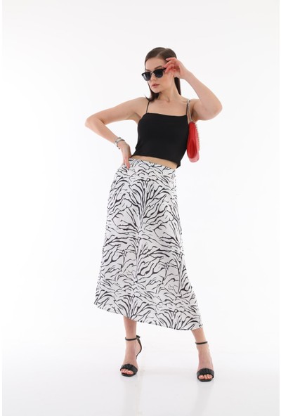 Ewa Moda Desenli Saten Mıdı Çan Etek