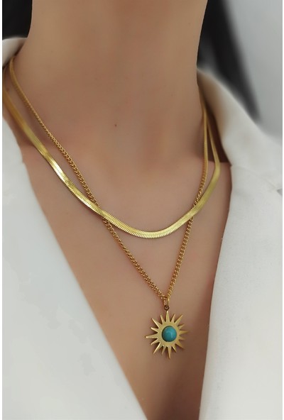 ÇLK Accessories Çelik Iki Sıra Mavi Mineli Italyan Zincir Çelik Kuzey Yıldız Kolye TRKOLYE5909