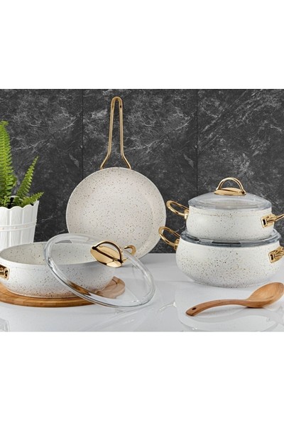 Lines Yonca Güveç Granit 7 Parça Altın Metal Kulp Beyaz Tencere Seti Lines Yonca Güveç Granit 7 Parça Altın Metal Kulp Beyaz Tencere Seti