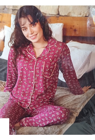 Aydoğan Koyu Pembe Kadın Poplin Çiçekli Uzun Kol Pijama Takımı