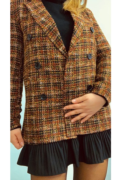 Kadın Kruvaze Yaka Kahverengi Ekose Desenli Blazer Ceket