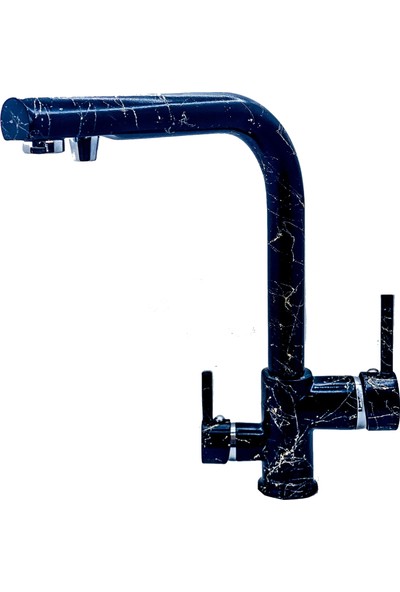 Opak Siyah Mermer Desenli 3 Yollu Su Arıtma ve Şebeke Musluklu Evye Bataryası