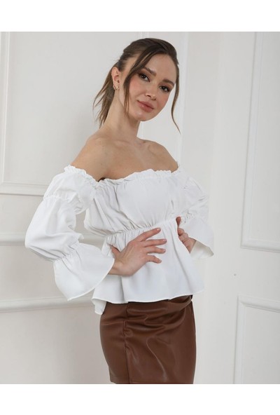 Sertiz Beyaz Madonna Yaka Uzun Kol Crop Bluz