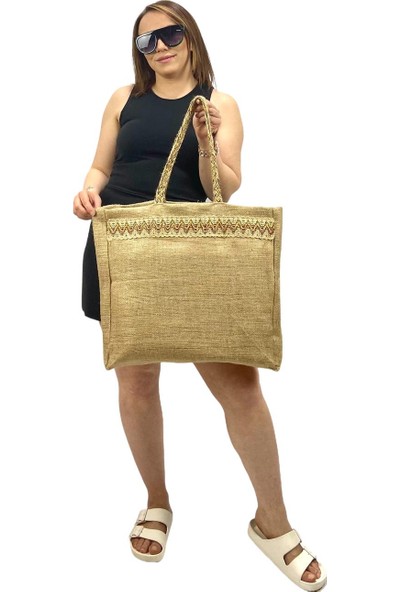 Nazhira Tekstil Jüt Zigzag Aksesuarlı Plaj Çantası